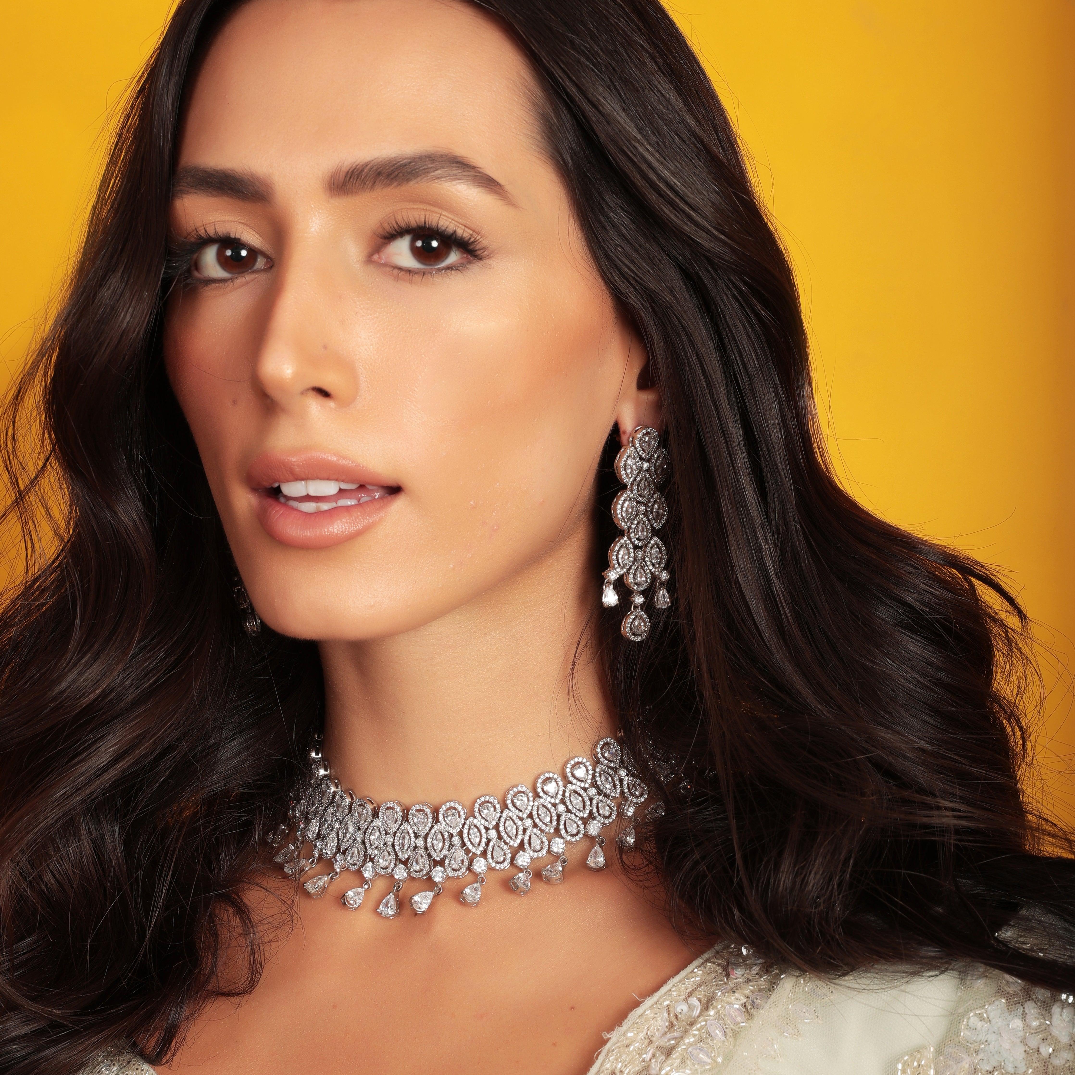 Buy Silver Choker Set & Drop Earrings for Reception – Red Dot Jewels