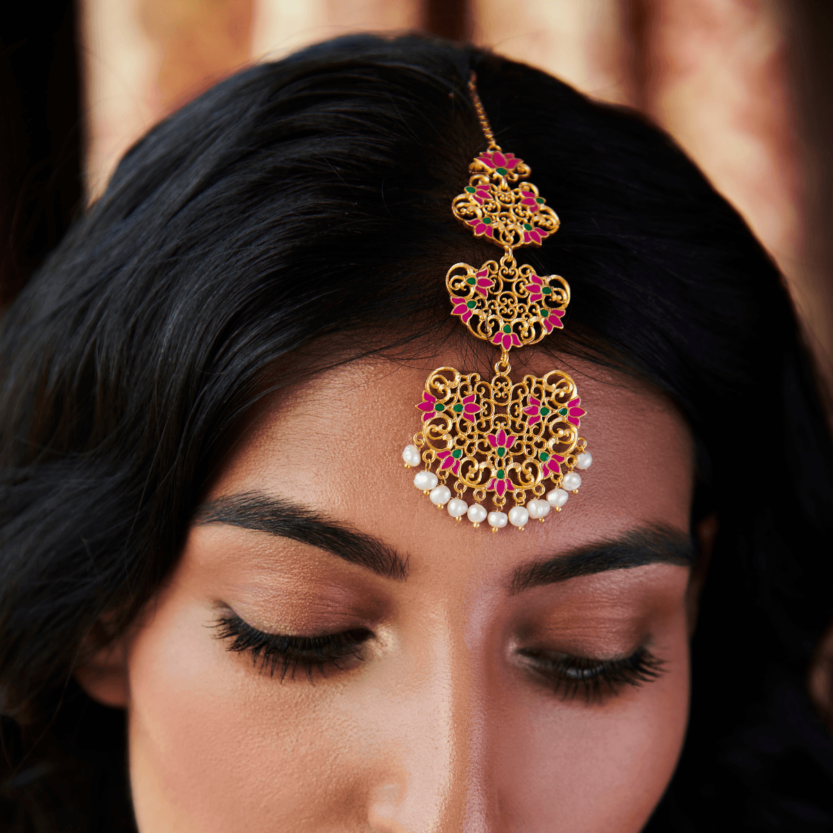 Goddess Lotus Maang Teeka In Pink Enamel | Red Dot Jewels