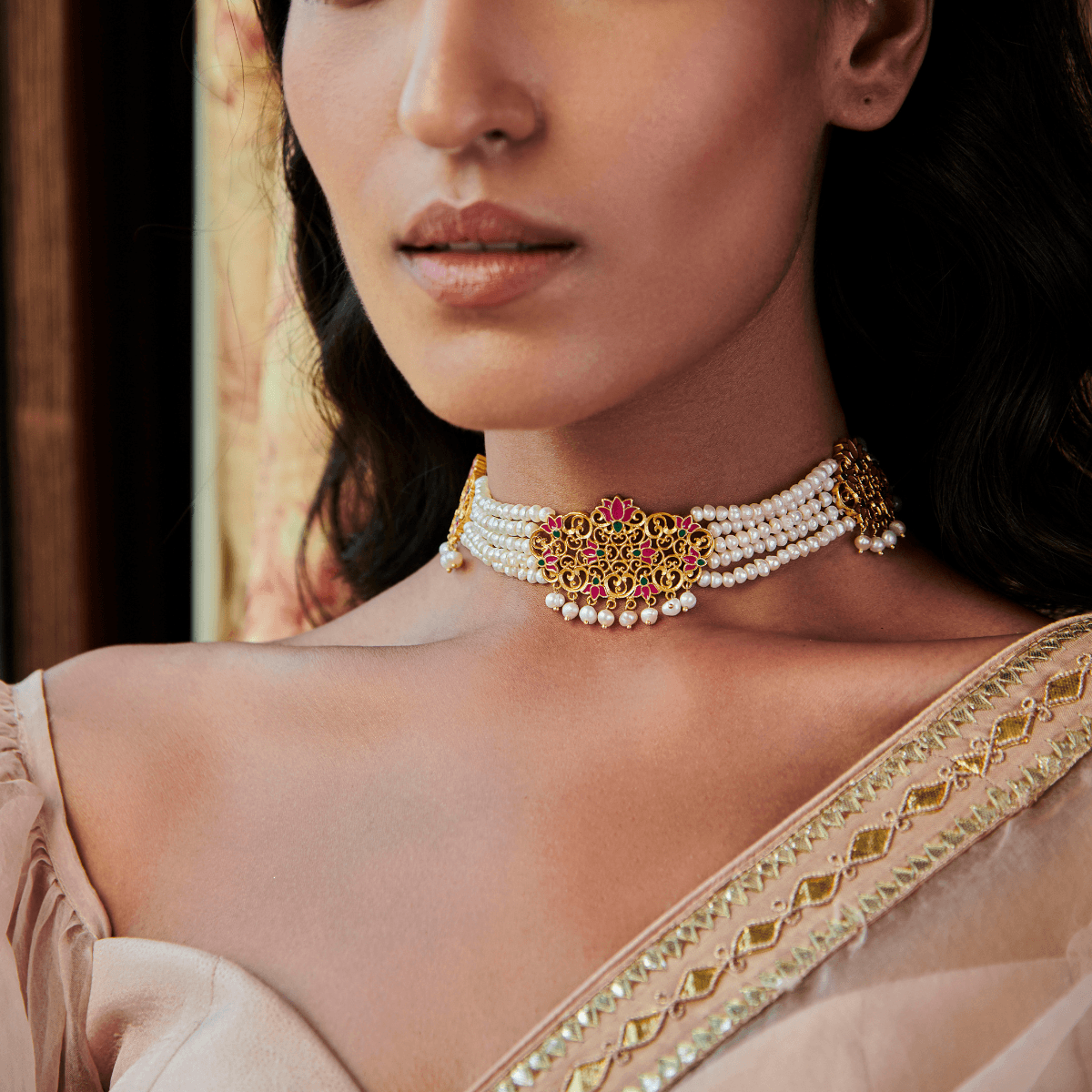 Maharani Lotus Wedding Choker Necklace in Pink Enamel – Red Dot Jewels